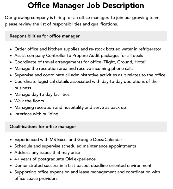 Office Manager Job Description Velvet Jobs