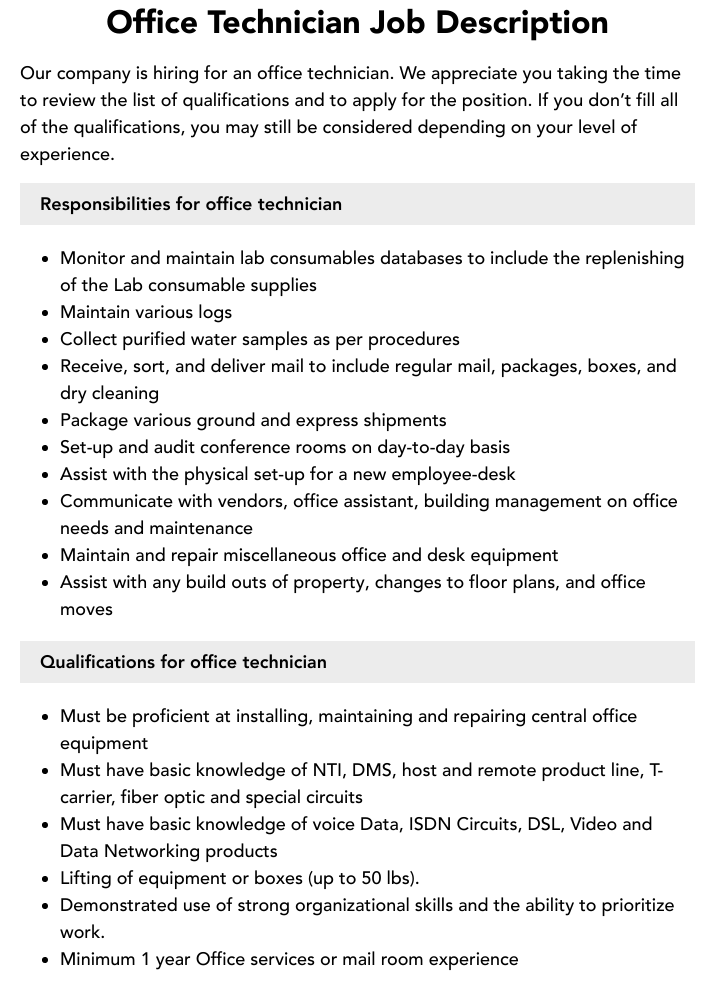 Office Technician Job Description Velvet Jobs