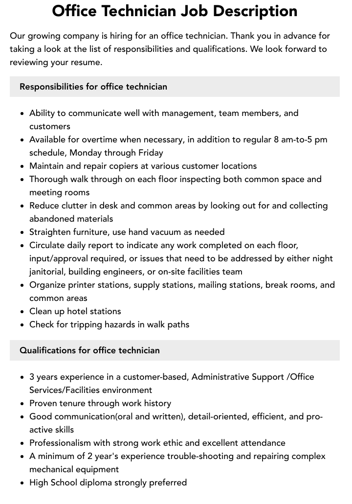 Office Technician Job Description Velvet Jobs