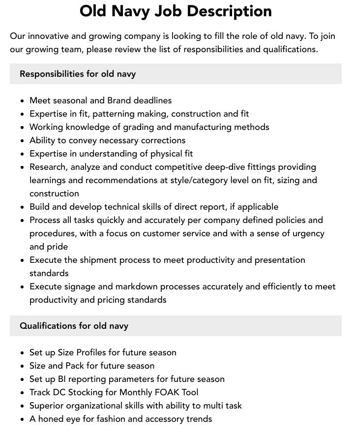 Old Navy Job Description Velvet Jobs Old Navy Job Description Velvet Jobs