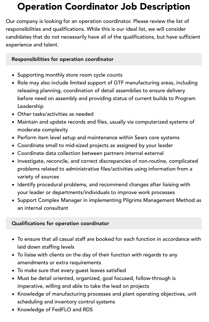 Operation Coordinator Job Description Velvet Jobs