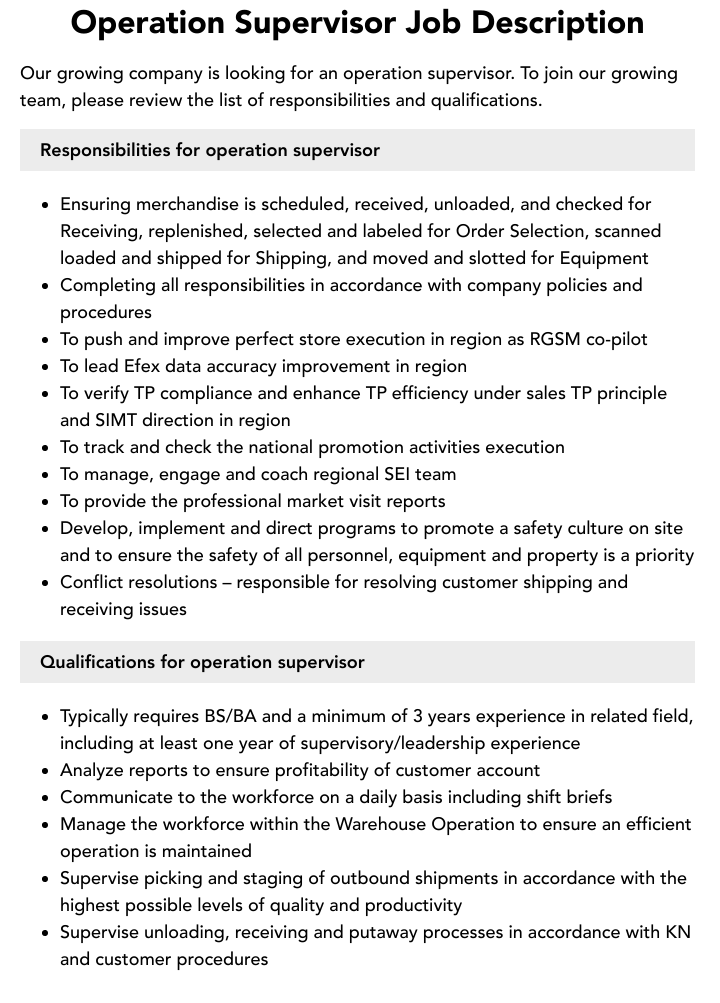 Operation Supervisor Job Description Velvet Jobs