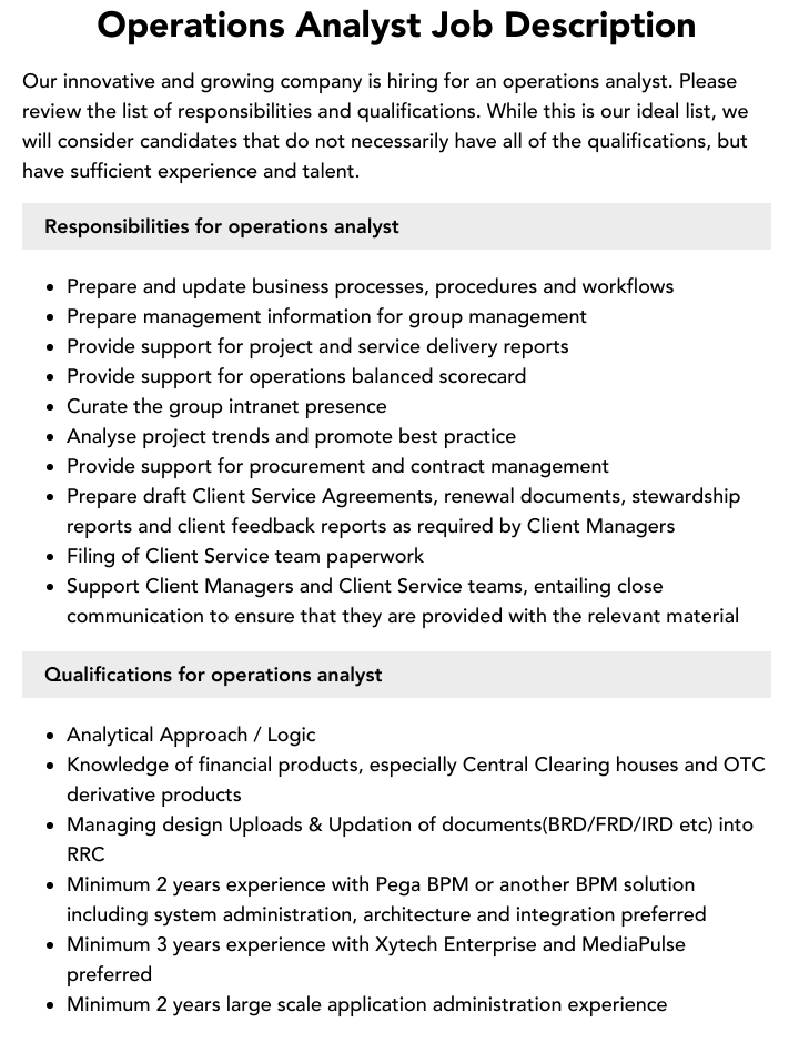 Operations Analyst Job Description Velvet Jobs Operations Analyst Job Description Velvet Jobs