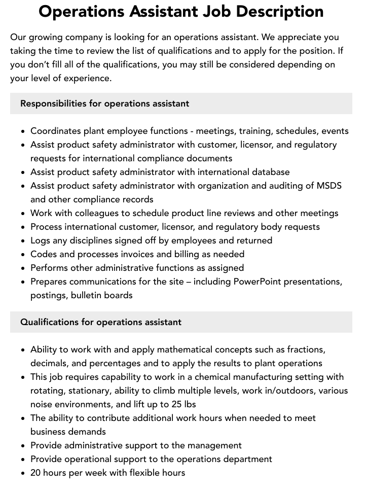 Operations Assistant Job Description Velvet Jobs
