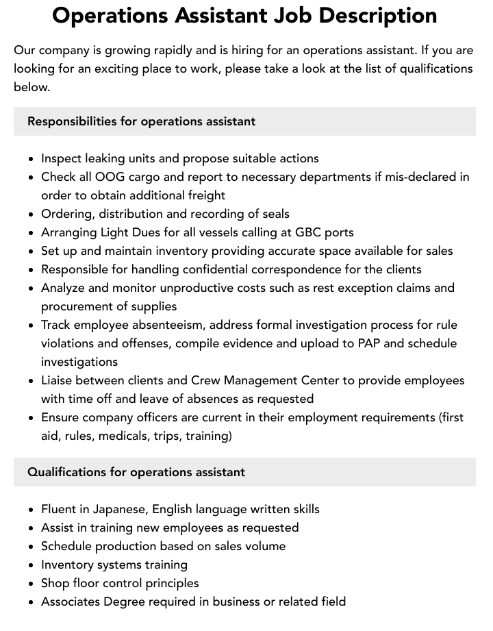 Operations Assistant Job Description Velvet Jobs