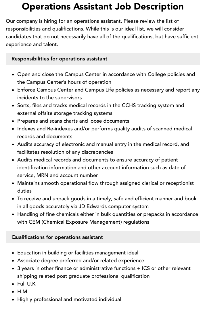  Operations Assistant Job Description Velvet Jobs