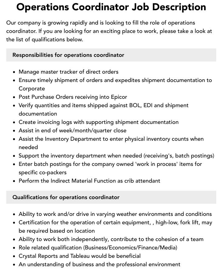 Operations Coordinator Job Description Velvet Jobs