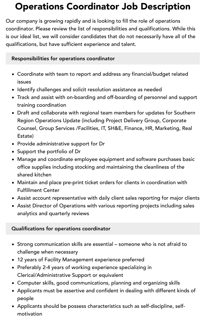 Operations Coordinator Job Description Velvet Jobs