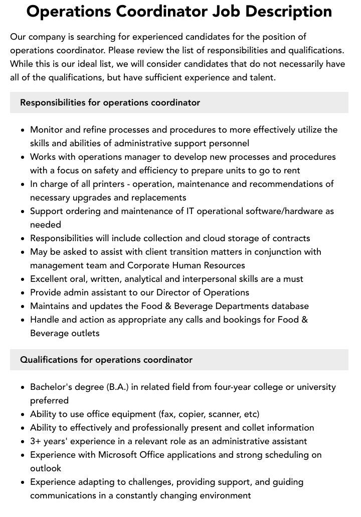 Operations Coordinator Job Description Velvet Jobs