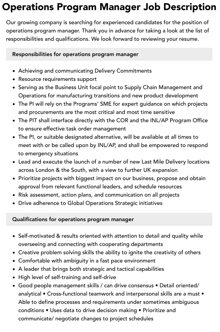 Operations Program Manager Job Description Velvet Jobs