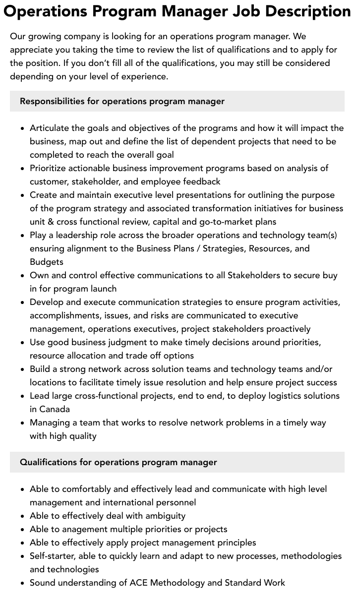 Operations Program Manager Job Description Velvet Jobs