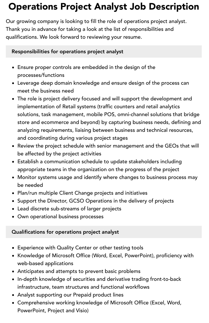 Operations Project Analyst Job Description Velvet Jobs Operations Project Analyst Job Description Velvet Jobs