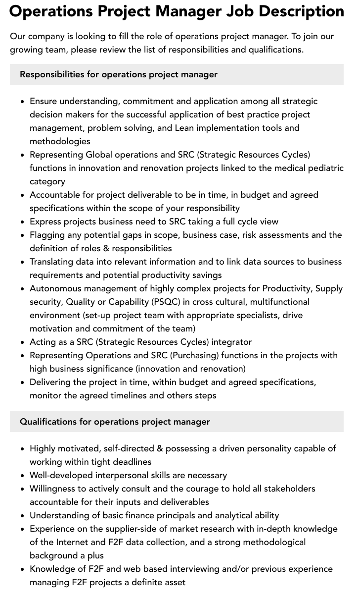 Operations Project Manager Job Description Velvet Jobs
