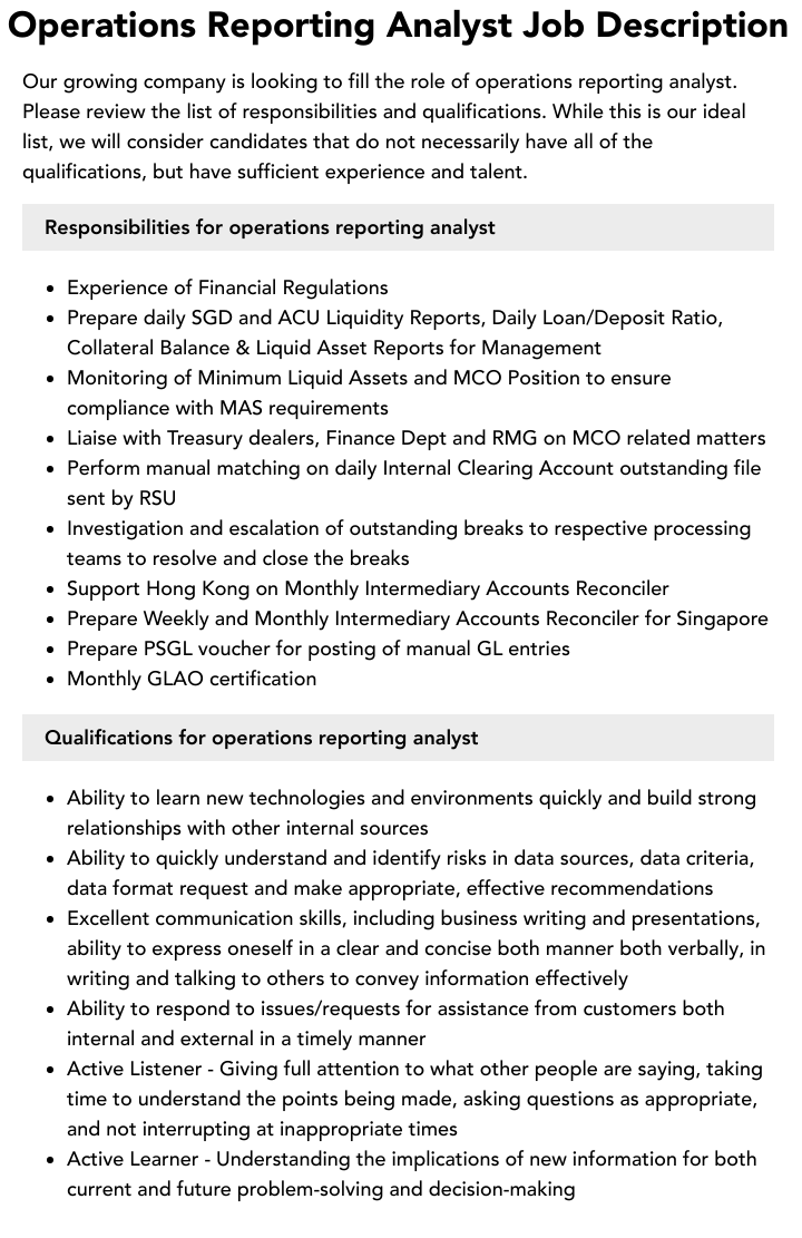 Operations Reporting Analyst Job Description Velvet Jobs
