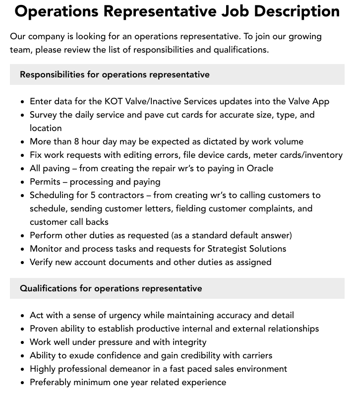 Operations Representative Job Description Velvet Jobs