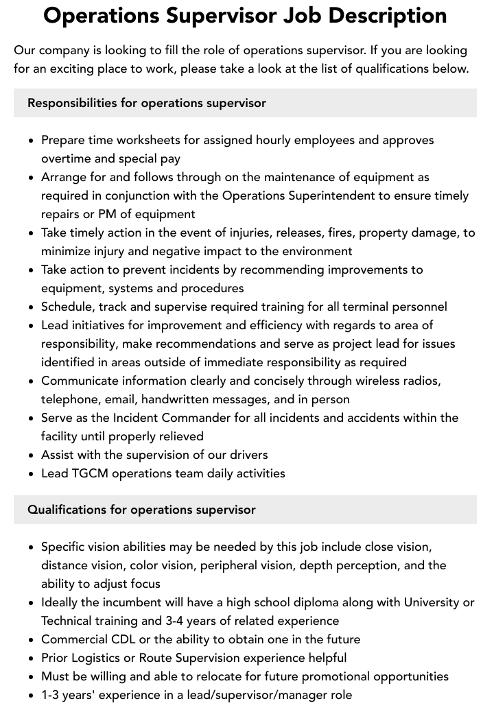 Operations Supervisor Job Description Velvet Jobs