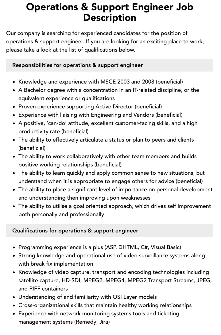 Operations Support Engineer Job Description Velvet Jobs