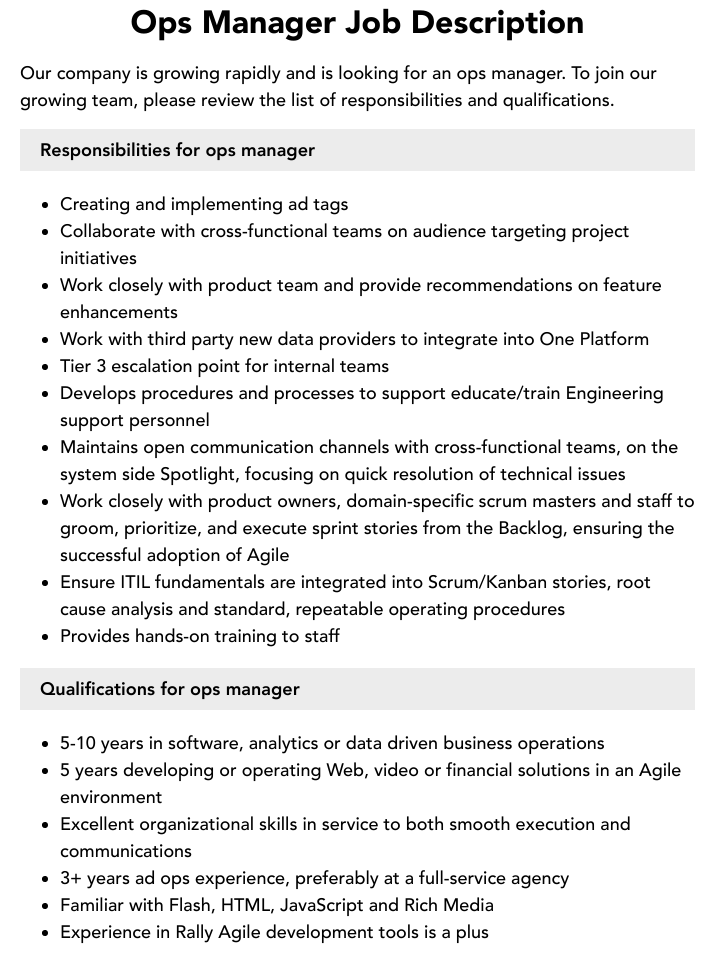 Ops Manager Job Description Velvet Jobs