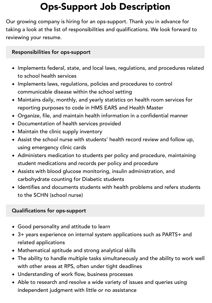 Ops Support Job Description Velvet Jobs