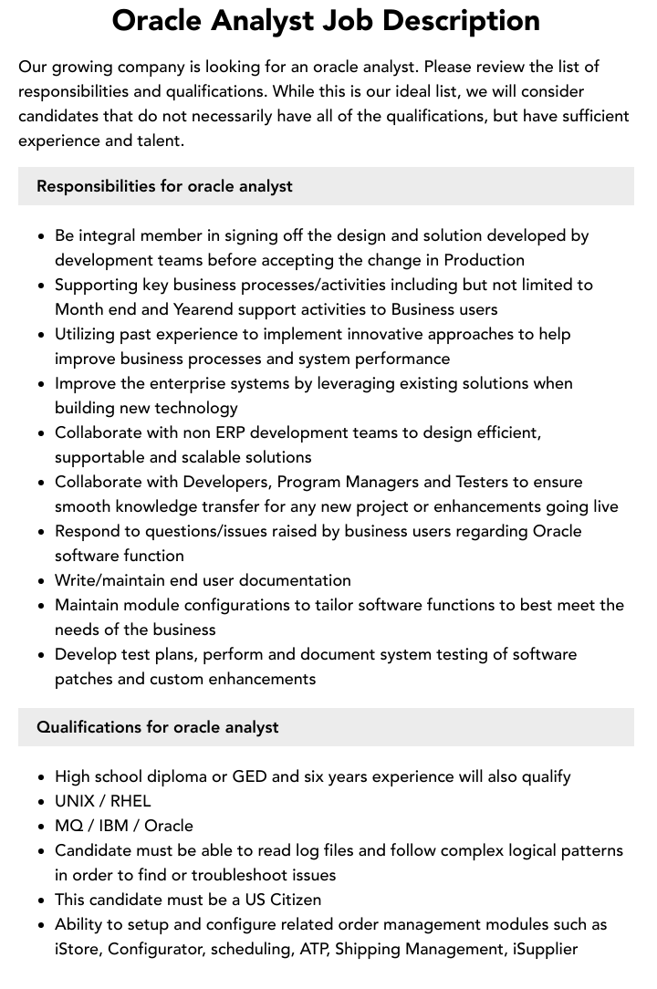 Oracle Analyst Job Description Velvet Jobs