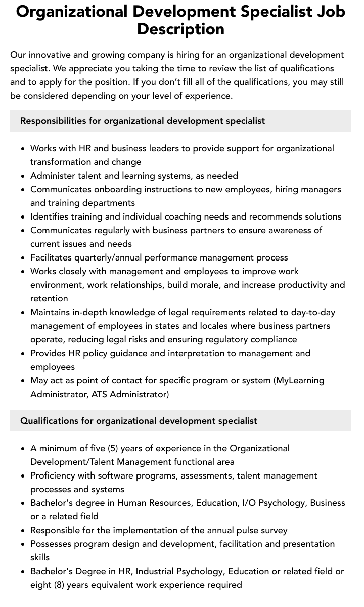 Organizational Development Specialist Job Description Velvet Jobs
