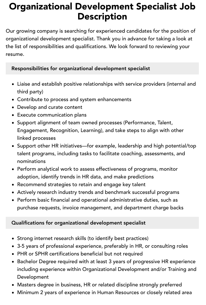 Organizational Development Specialist Job Description Velvet Jobs