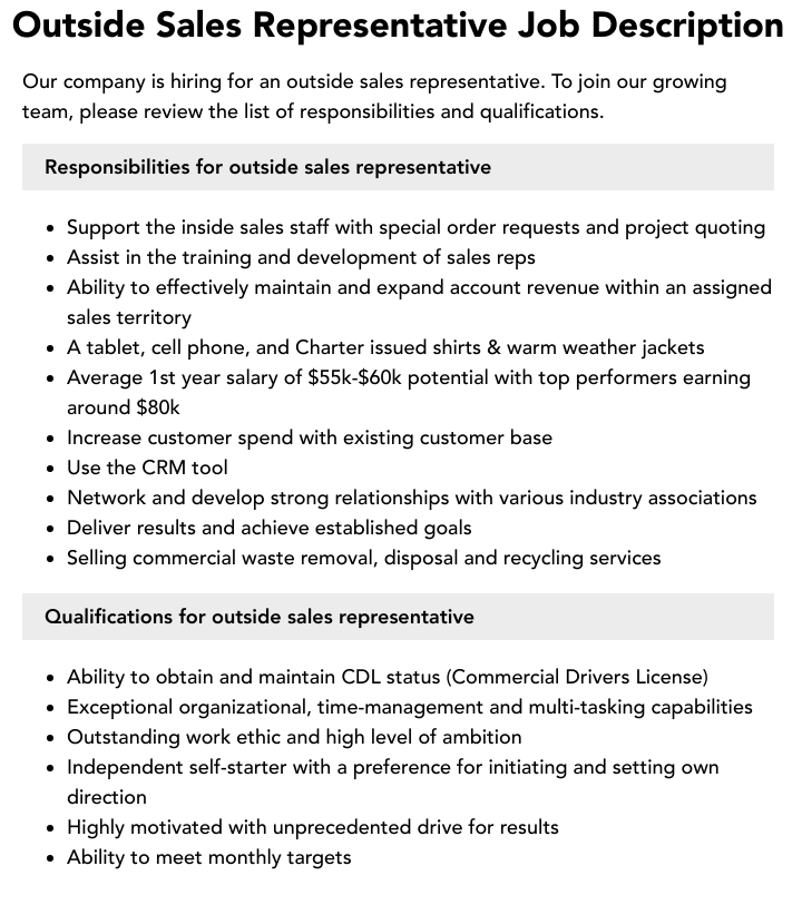 Outside Sales Representative Job Description Velvet Jobs