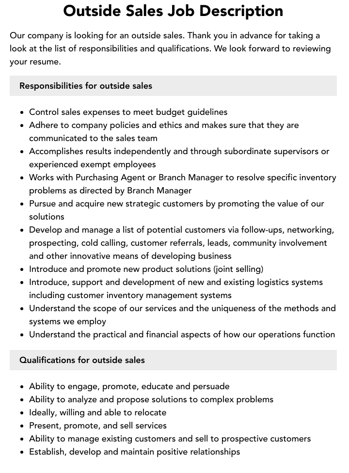Outside Sales Job Description Velvet Jobs