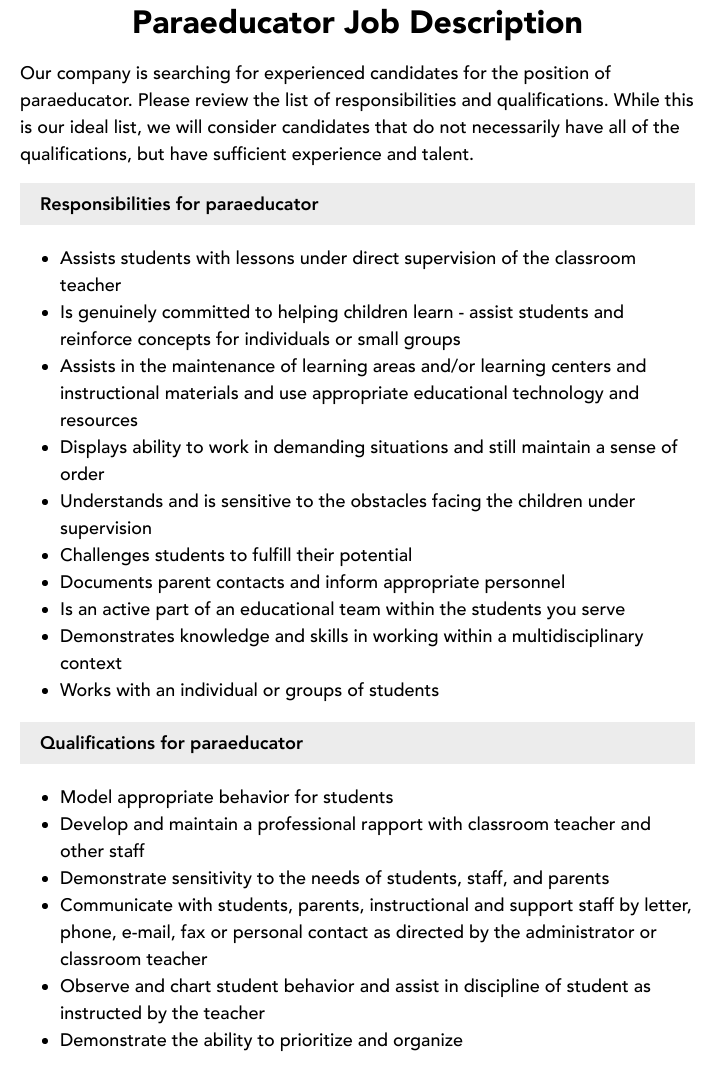 Paraeducator Job Description Velvet Jobs