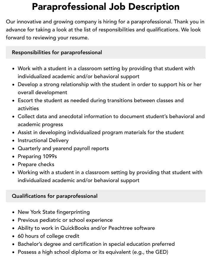Paraprofessional Job Description Velvet Jobs