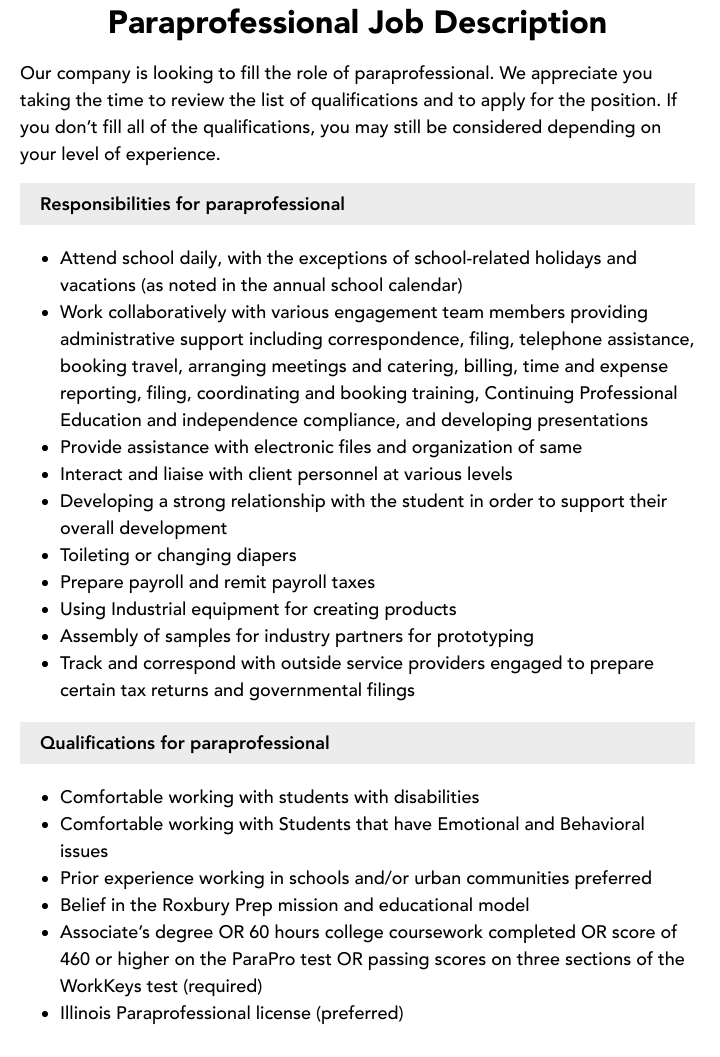 Paraprofessional Job Description Velvet Jobs Paraprofessional Job Description Velvet Jobs