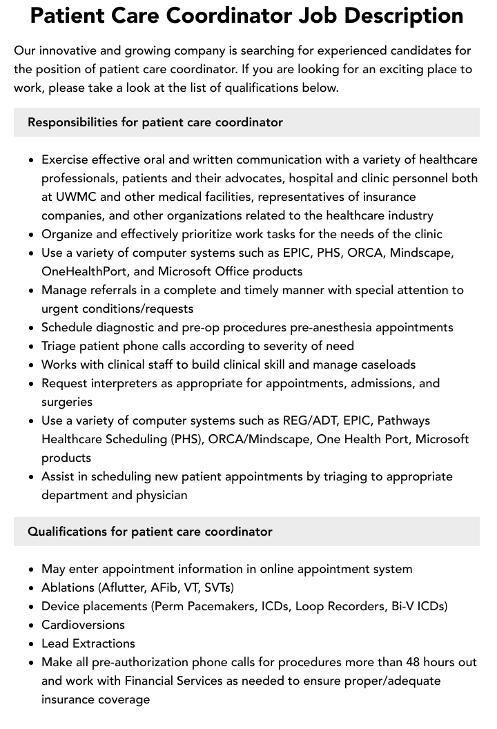 Patient Care Coordinator Job Description Velvet Jobs
