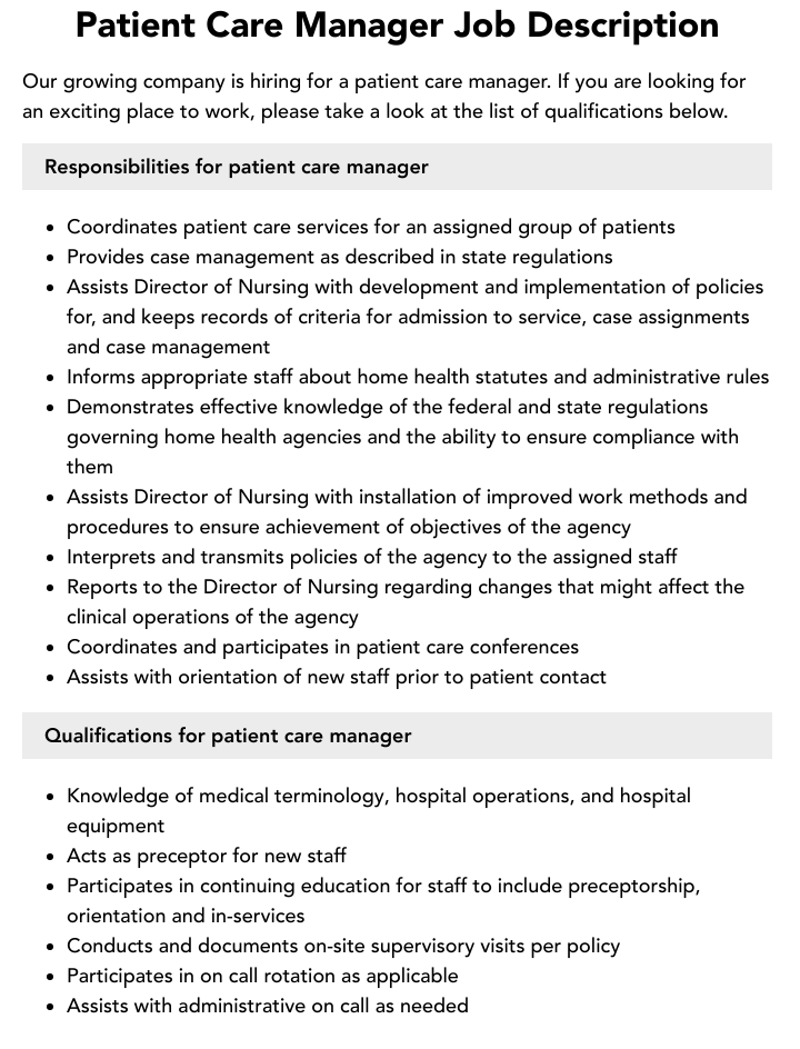 Patient Care Manager Job Description Velvet Jobs