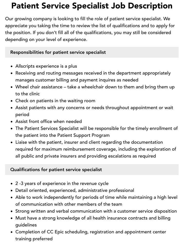 Patient Service Specialist Job Description Velvet Jobs Patient Service Specialist Job Description Velvet Jobs