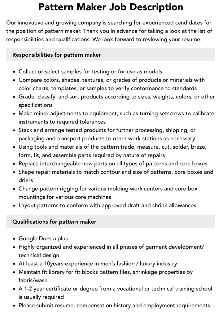 Pattern Maker Job Description Velvet Jobs