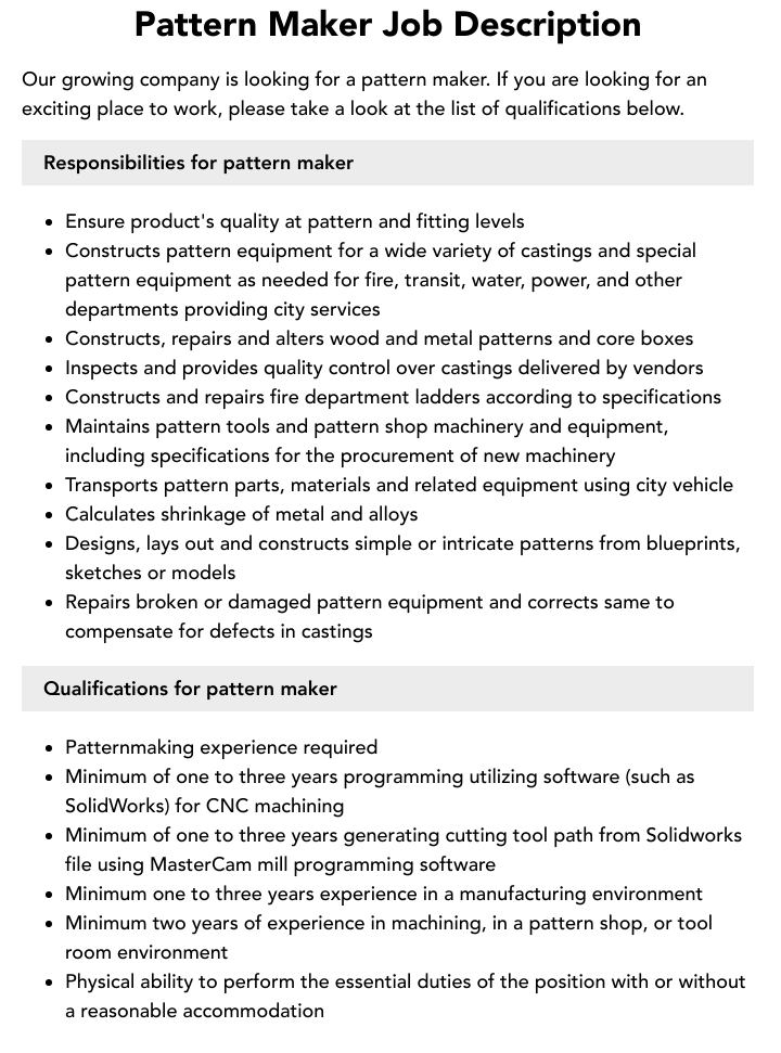 Pattern Maker Job Description Velvet Jobs