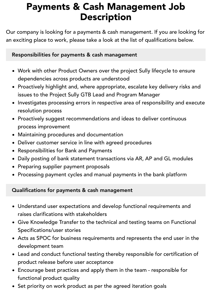 Payments Cash Management Job Description Velvet Jobs