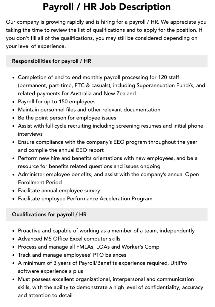 Payroll HR Job Description Velvet Jobs