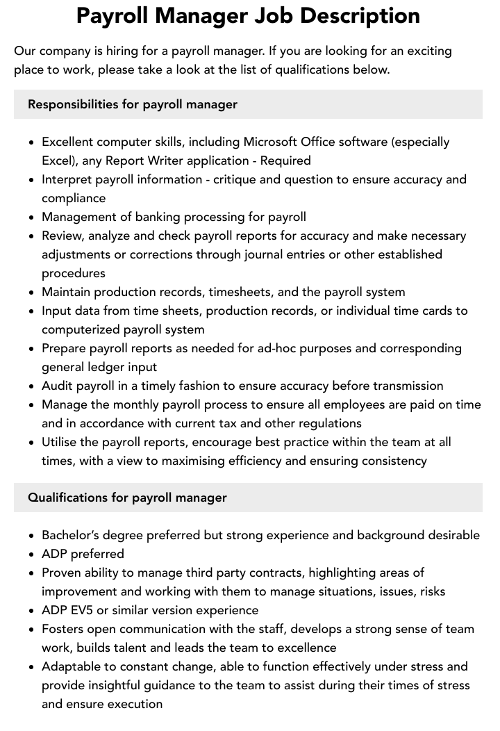Payroll Manager Job Description Velvet Jobs Payroll Manager Job Description Velvet Jobs