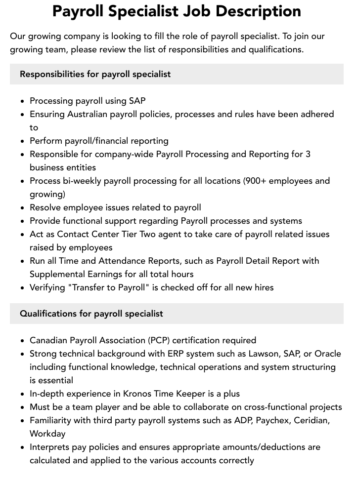 Payroll Specialist Job Description Velvet Jobs