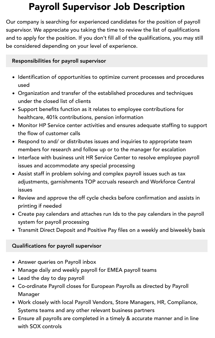 Payroll Supervisor Job Description Velvet Jobs Payroll Supervisor Job Description Velvet Jobs