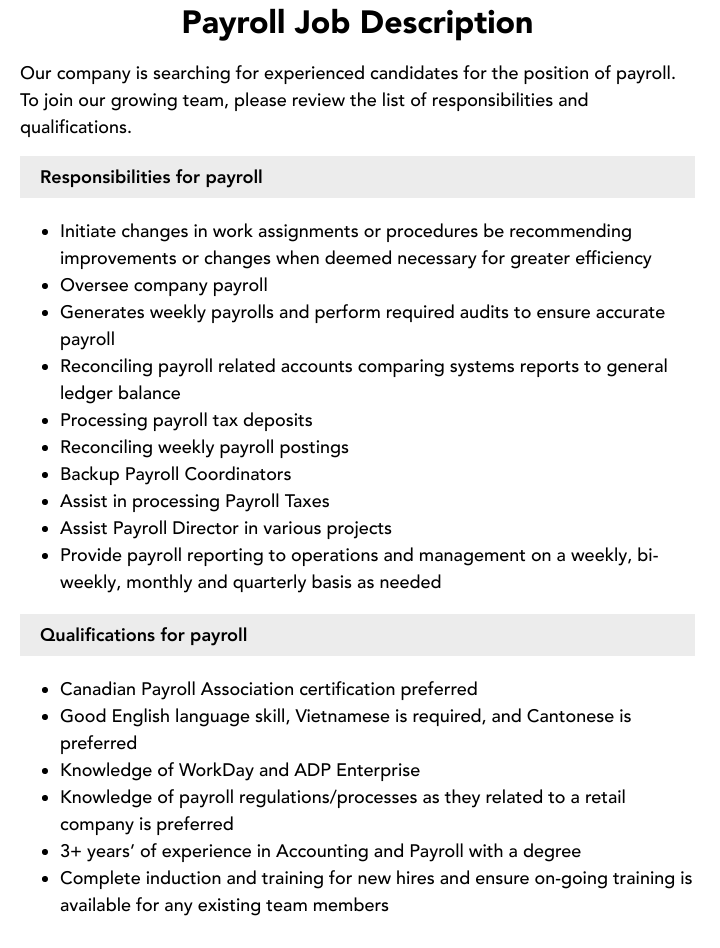 Payroll Job Description Velvet Jobs Payroll Job Description Velvet Jobs
