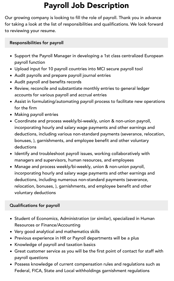 Payroll Job Description Velvet Jobs Payroll Job Description Velvet Jobs