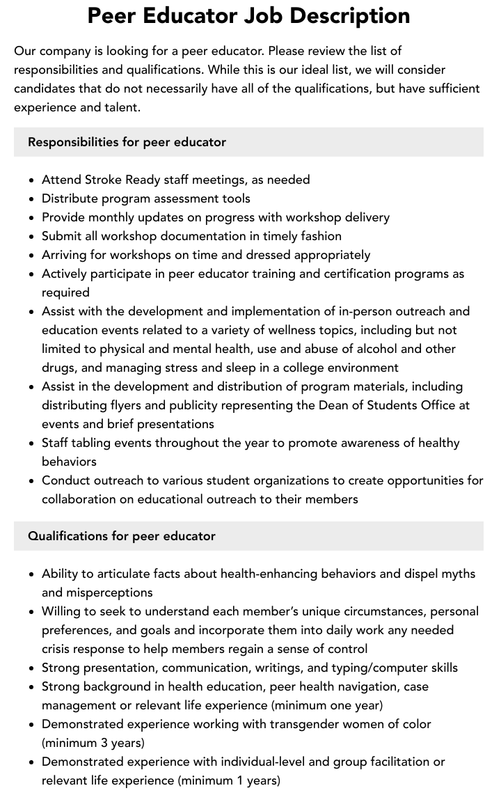 Peer Educator Job Description Velvet Jobs Peer Educator Job Description Velvet Jobs