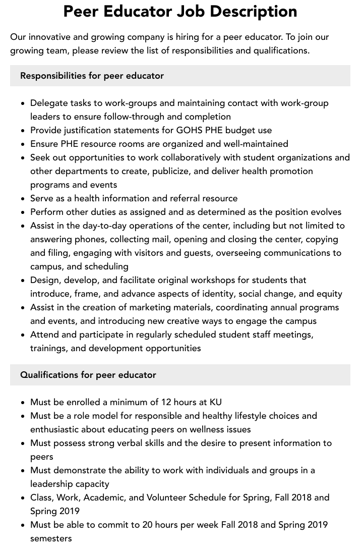 Peer Educator Job Description Velvet Jobs