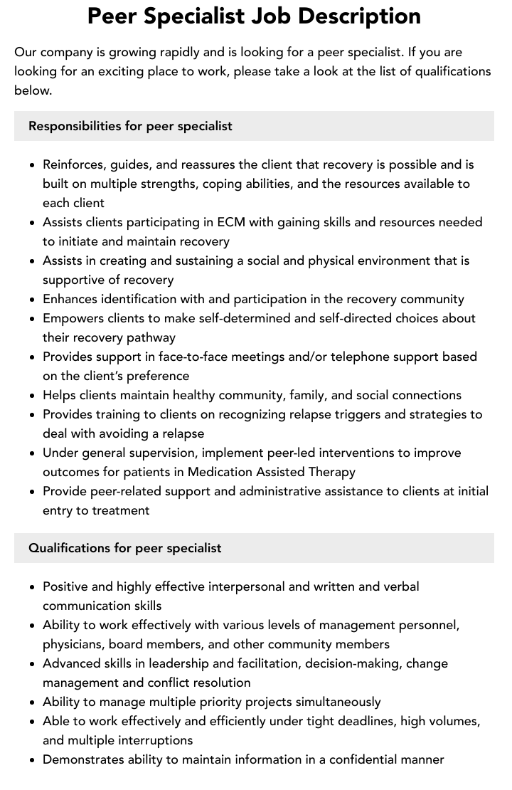 Peer Specialist Job Description Velvet Jobs