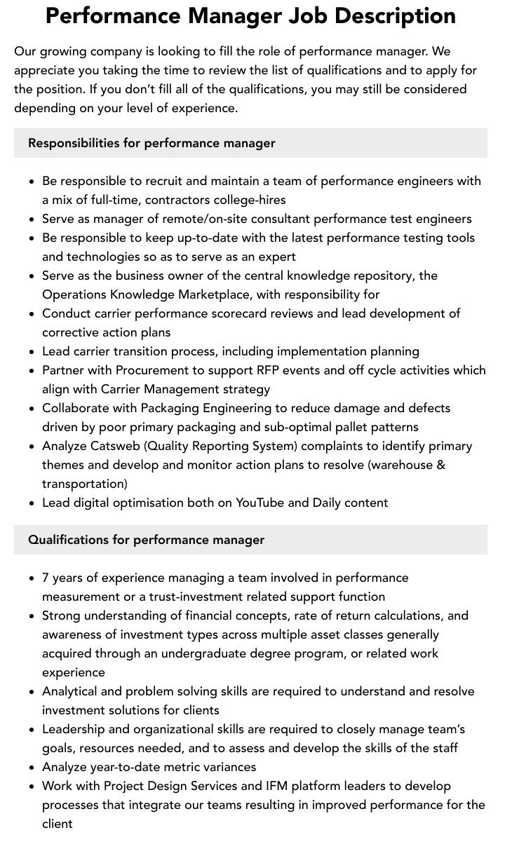 Performance Manager Job Description Velvet Jobs