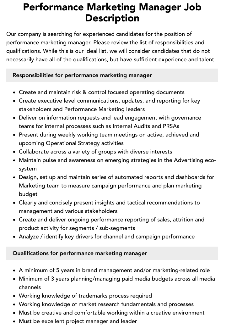 Performance Marketing Manager Job Description Velvet Jobs