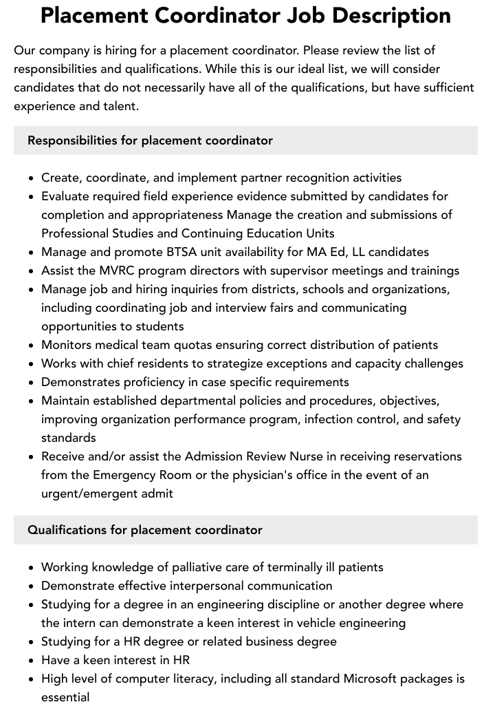 Placement Coordinator Job Description Velvet Jobs