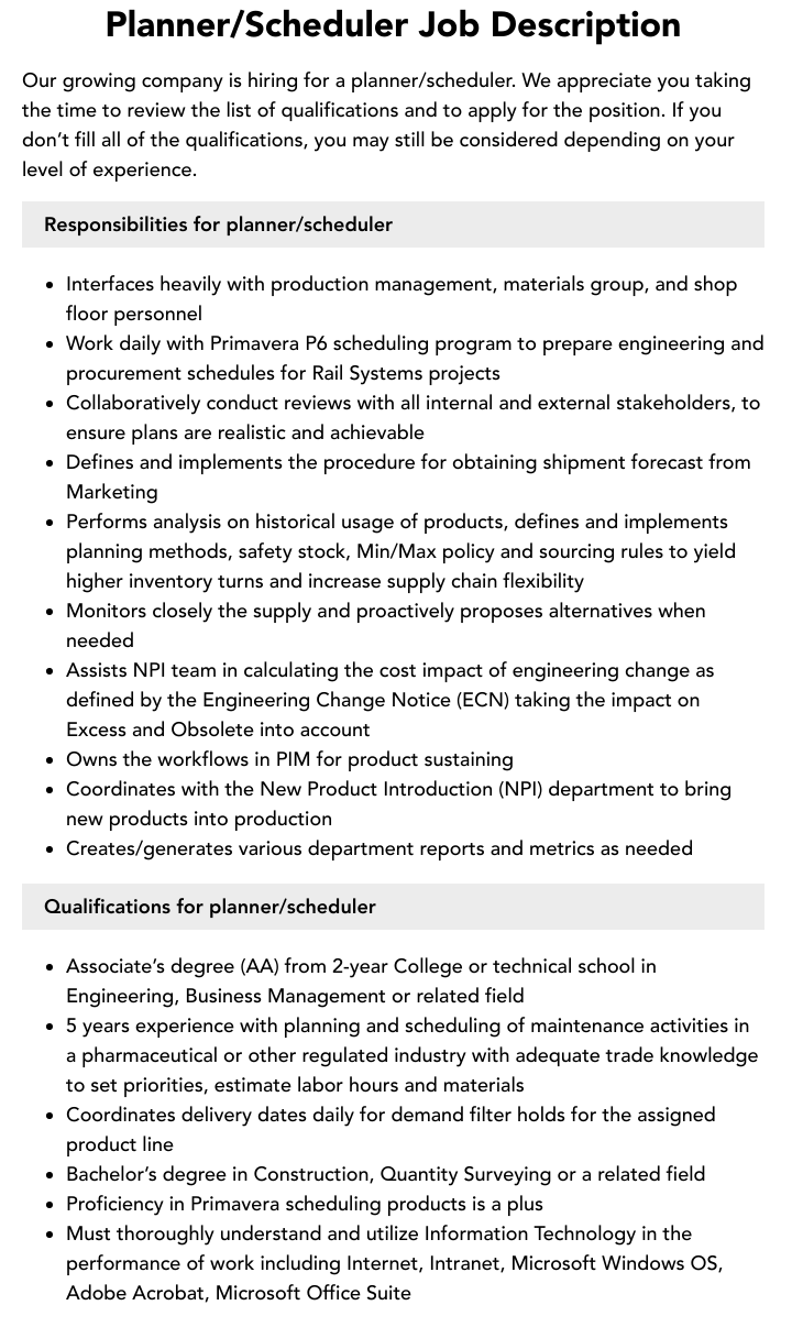 Planner Scheduler Job Description Velvet Jobs